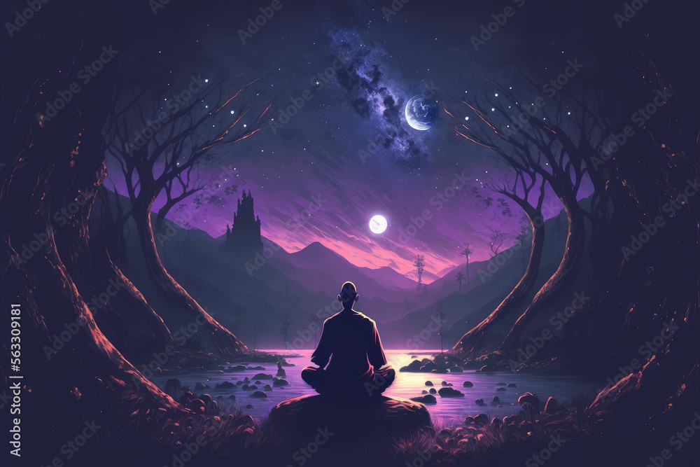 ภาพประกอบสต็อก Buddhist monk meditating under star night sky . Energy ...