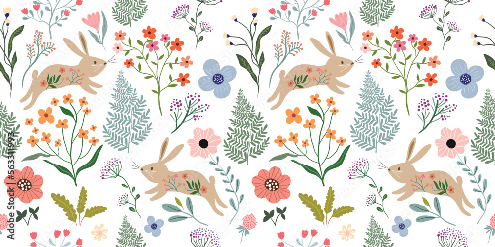 Spring seamless pattern with floral design and cute bunnies, different ...
