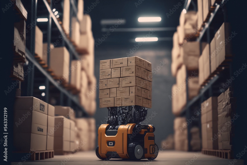 Pallets and cartons are being stacked by a futuristic automatic ...