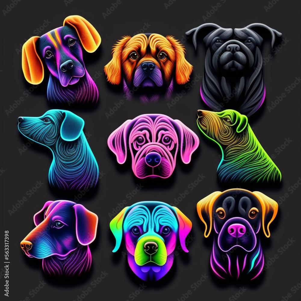 dogs emoji, dogs sticker pack set, neon colours, colourfull Stock ...