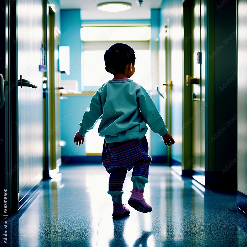 dramatic photo of a child playing in a hospital corridor, hospital ...