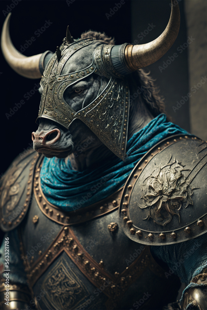 Bull in medieval armor, mythical creature, anthropomorphic animal ...