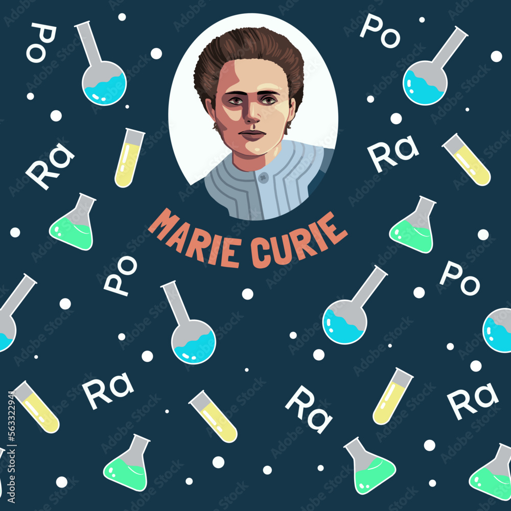Marie Curie portrait and laboratory equipment, seamless pattern with ...