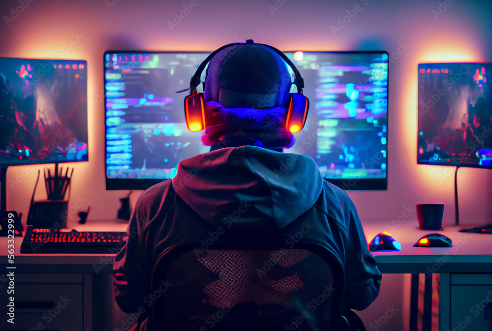 Back Shot of the Professional Gamer Playing in First-Person Shooter ...