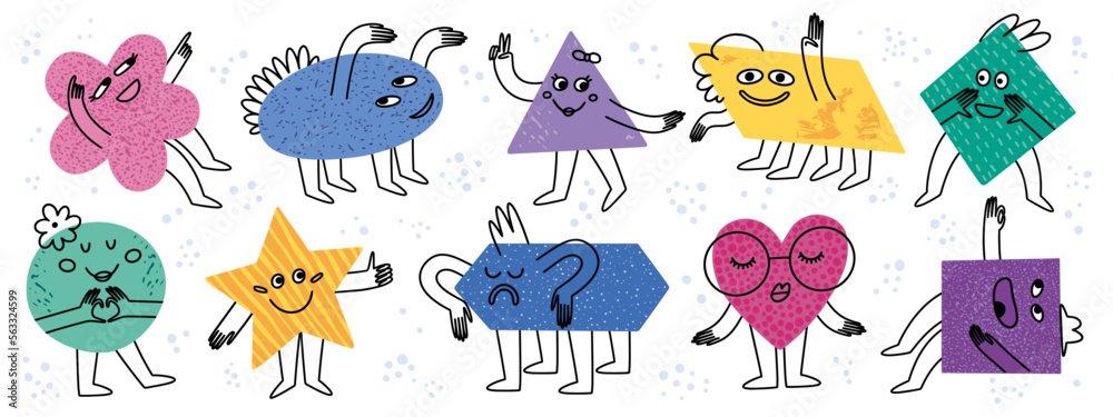 Abstract shape characters, funny faces. Doodle style geometric circle ...
