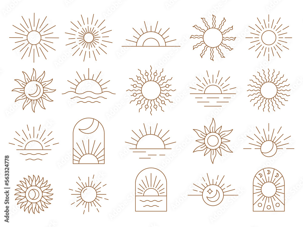 Sun boho logo, yoga icons. Sunset and moon celestial line elements ...