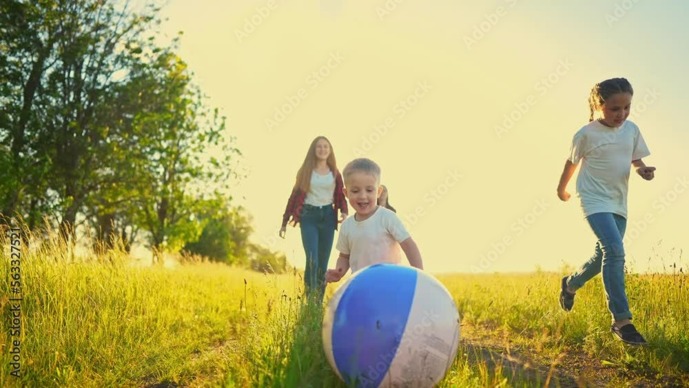 children playing ball in the park. happy family a kid dream concept. a little boy and a group of ...