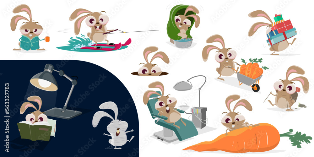 large collection of a funny cartoon rabbit Stock Vector | Adobe Stock