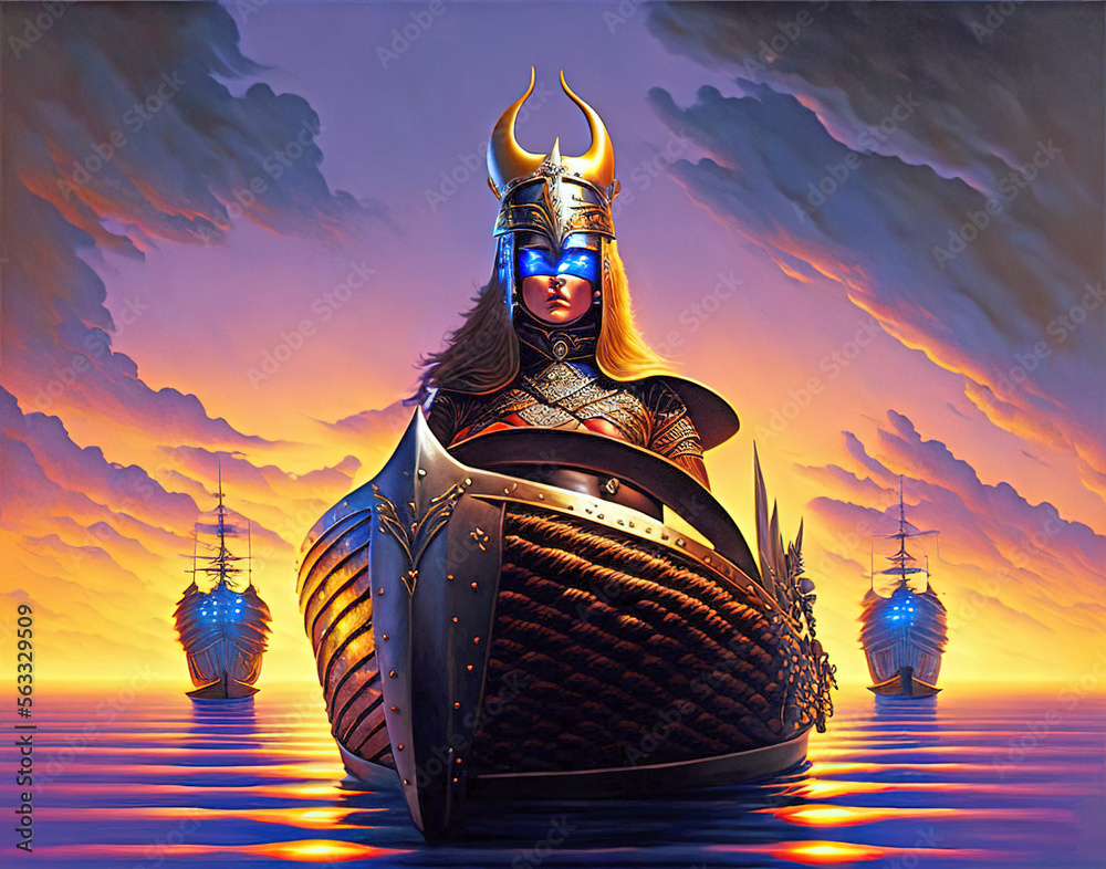 Ficticious warrior woman in a small rowing boat at sunset. She wears ...