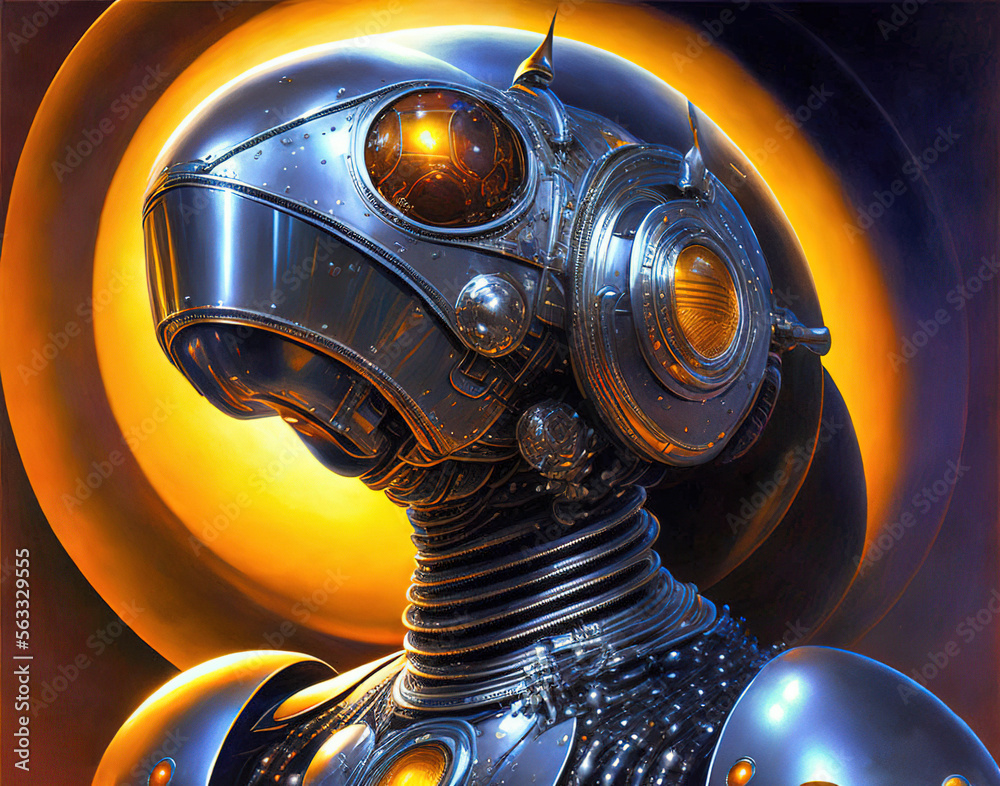 Side profile of the head of a metallic reptilian-like metallic alien ...