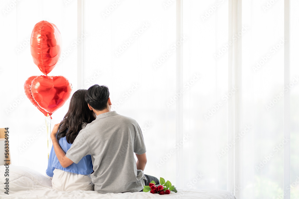 Asian couple Showing love surprise giving flowers or gifts to each ...