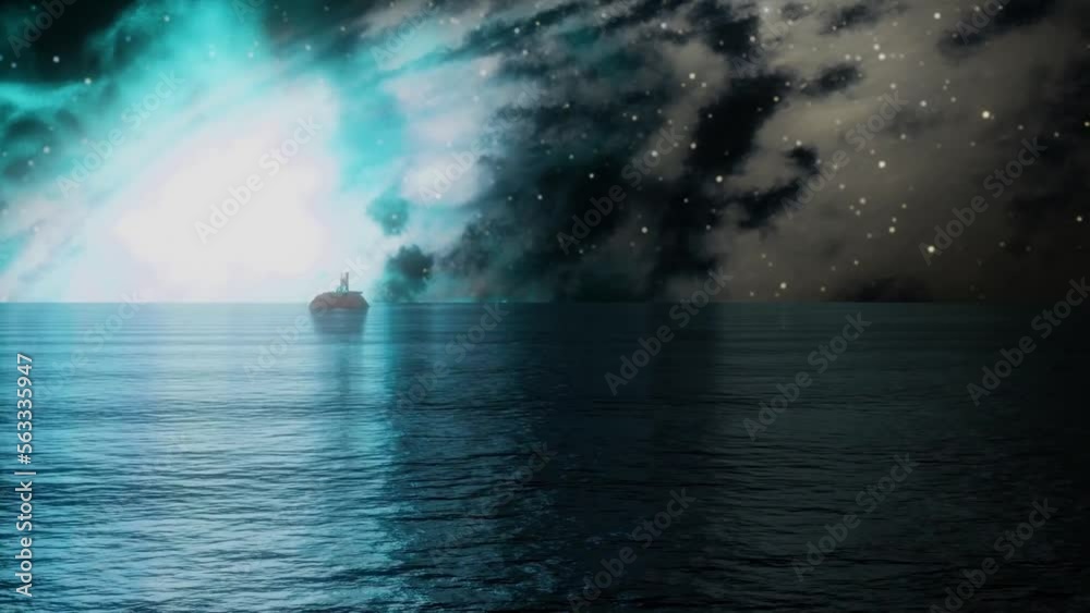 3D illustration. God hovered over the water, it was dark in the depths ...