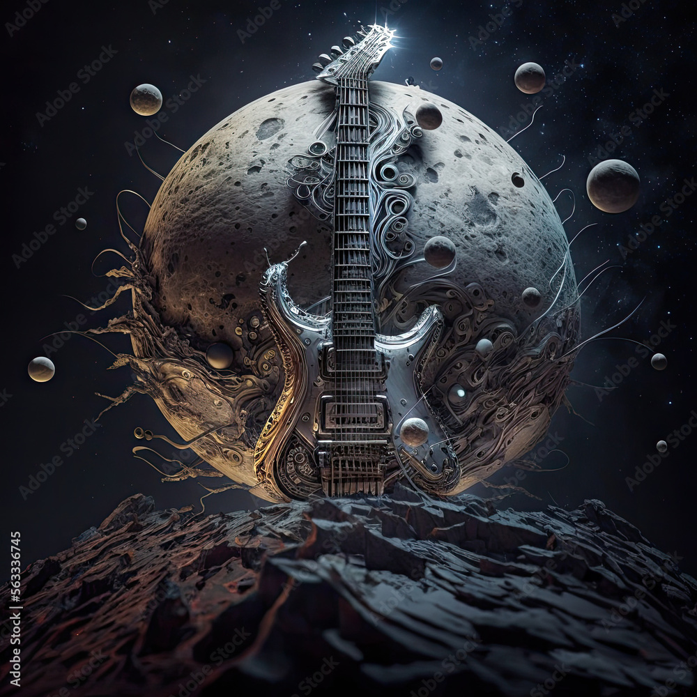 Electric guitar on alien planet, with huge space moon behind. AI ...