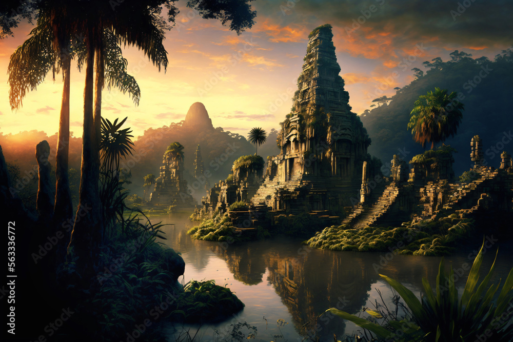 rainforest landscape, sunrise over the river, mayan temple ruins ...