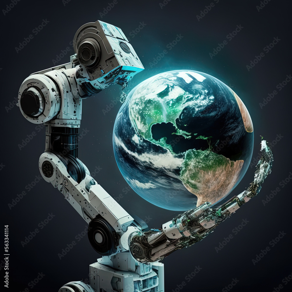 ภาพประกอบสต็อก Robot controls Planet Earth. Globe has been invaded by ...