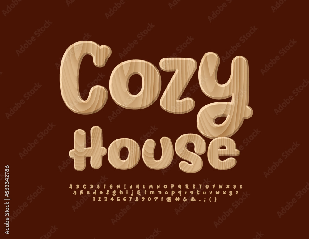 Vector cute emblem Cozy House with wooden texture Font. Natural pattern ...