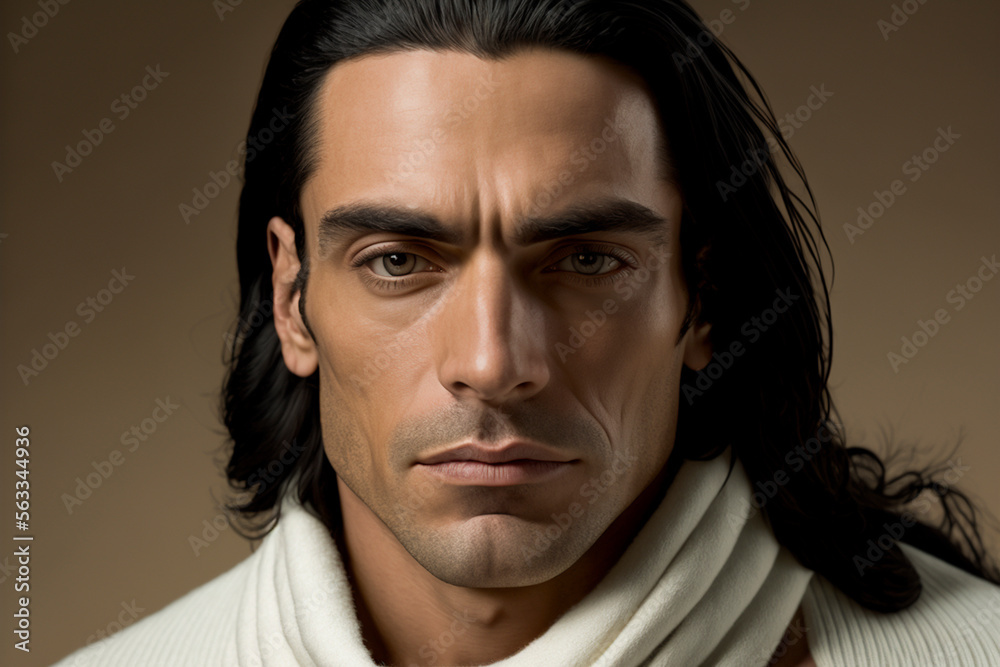 Close-up portrait of a handsome hispanic / latino man with long hair on ...