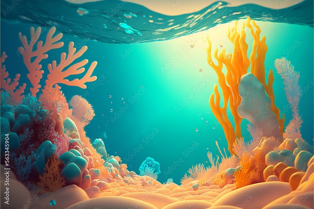 Colorful sea background with blue clear water orange and pink corals in ...