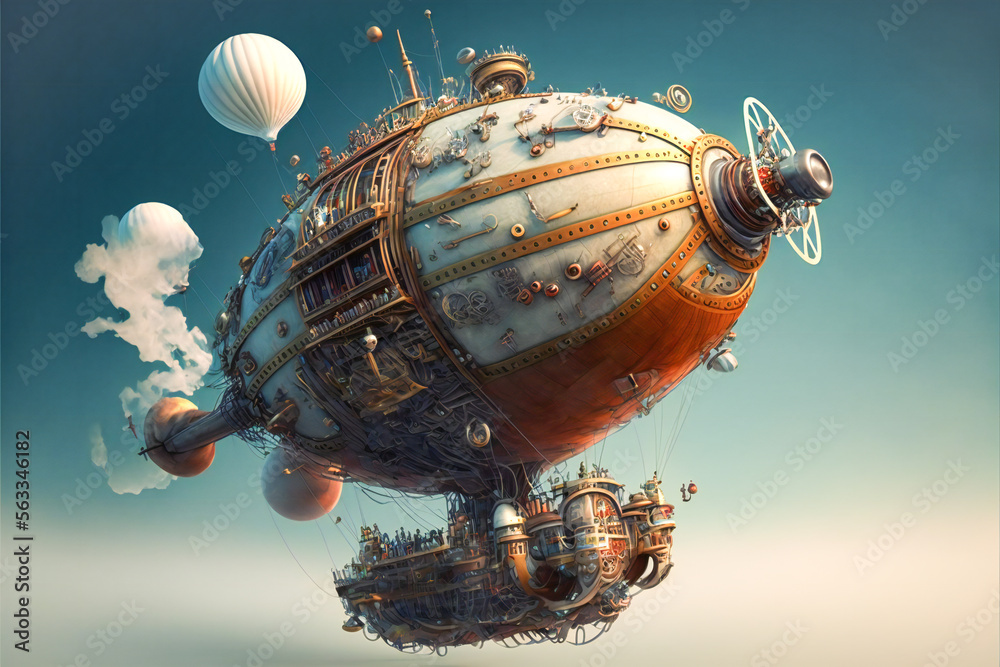 Fantasy steampunk airship flying. Created with Generative AI technology ...