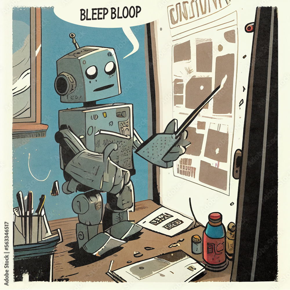Funny robot character exclaims "bleep bloop" as it marks a geometric ...