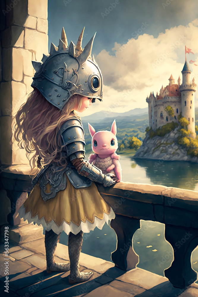 Little Knight Girl with her Stuffed Dragon on Castle Balcony Cartoon ...