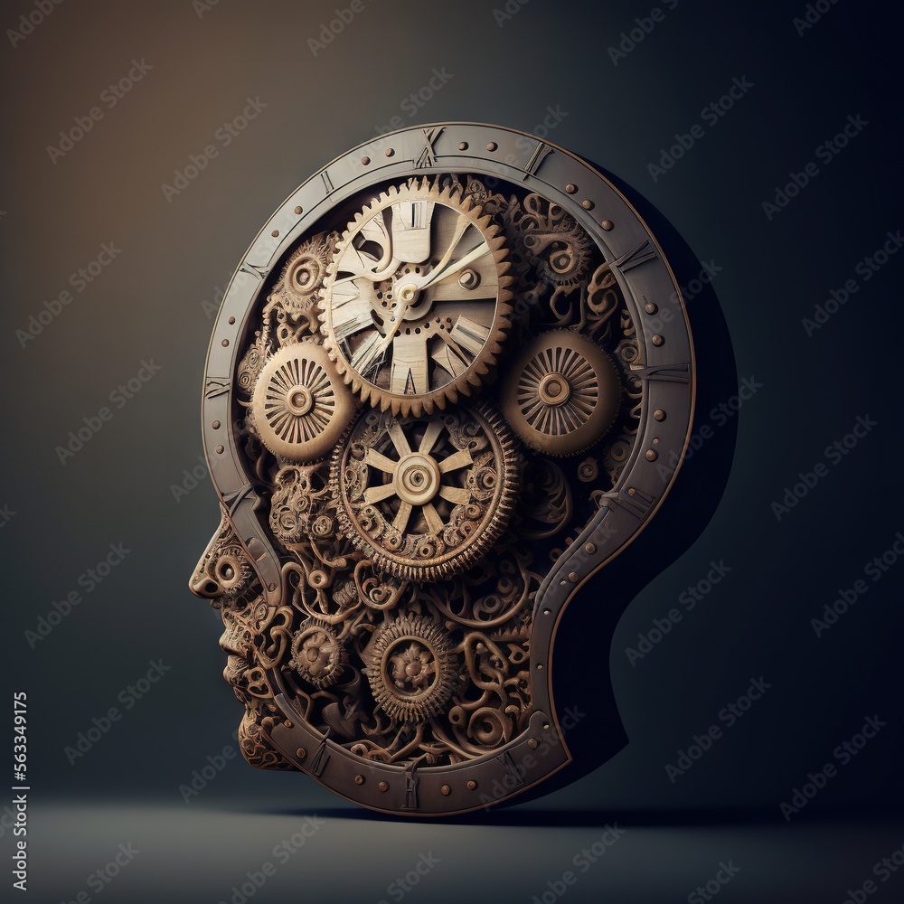 a clock made of gears in a human head on a dark background with a ...