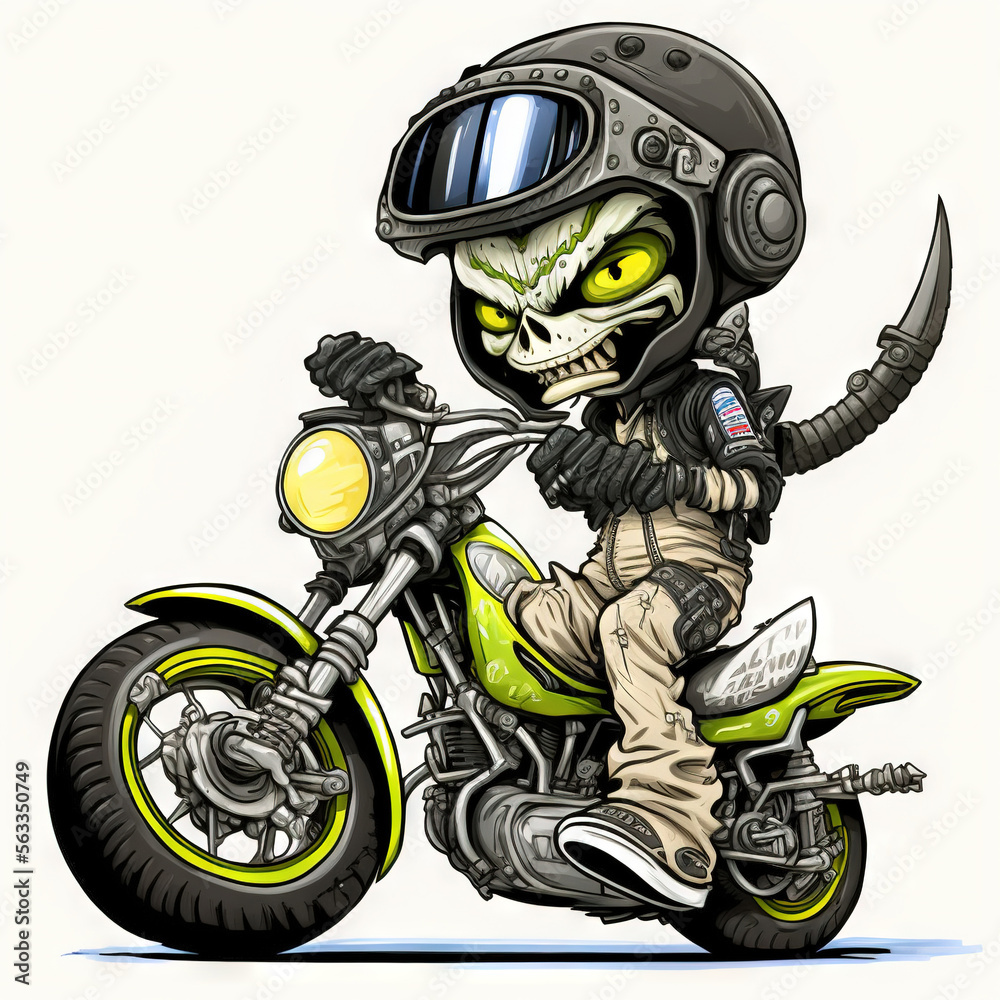 a cartoon skeleton riding a motorcycle with a helmet on it's head and a ...