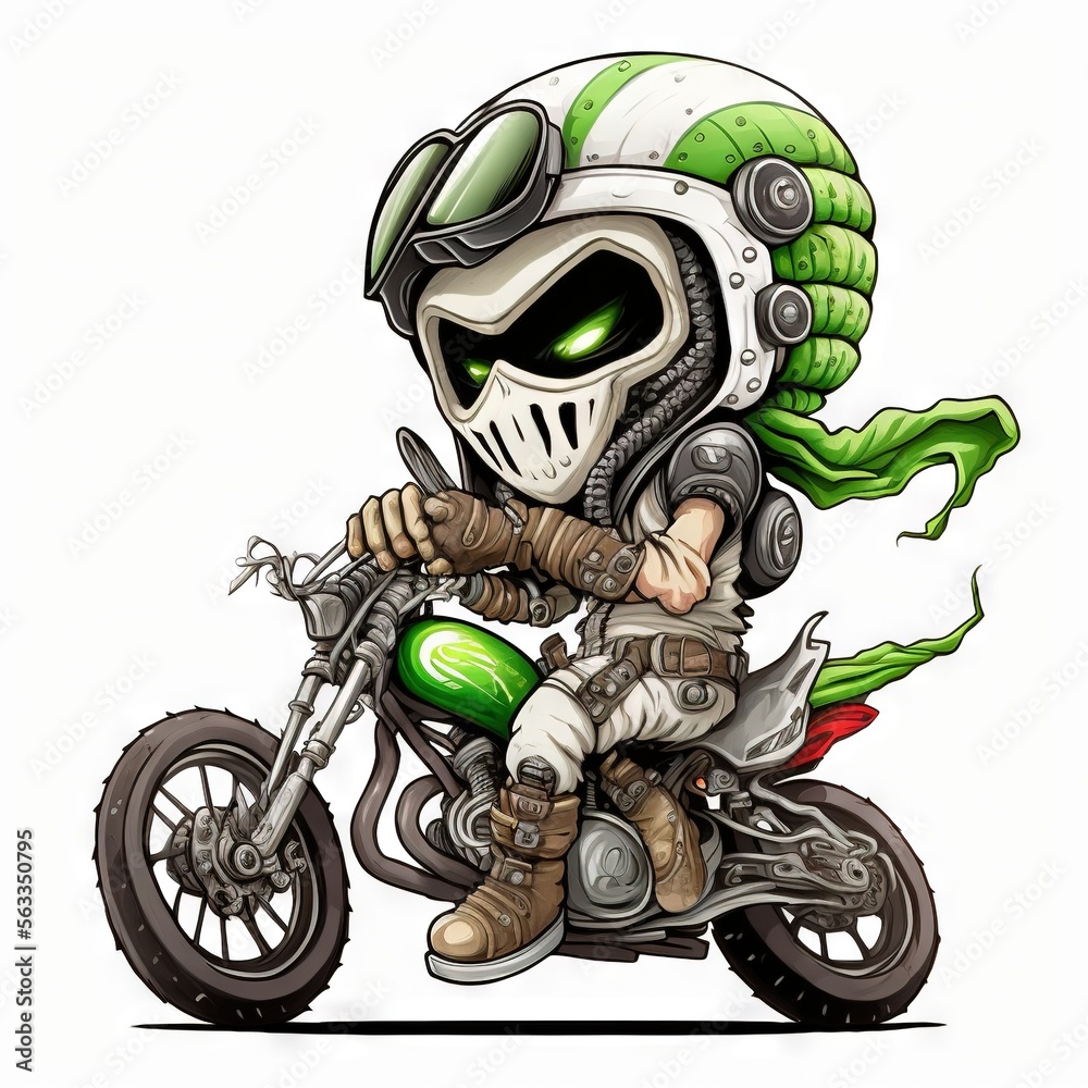 a cartoon character riding a motorcycle with a helmet on and a green ...