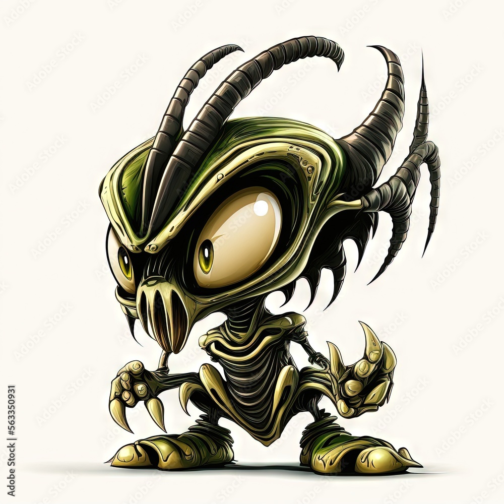 a cartoon alien with horns and a big nose is kneeling down and looking ...