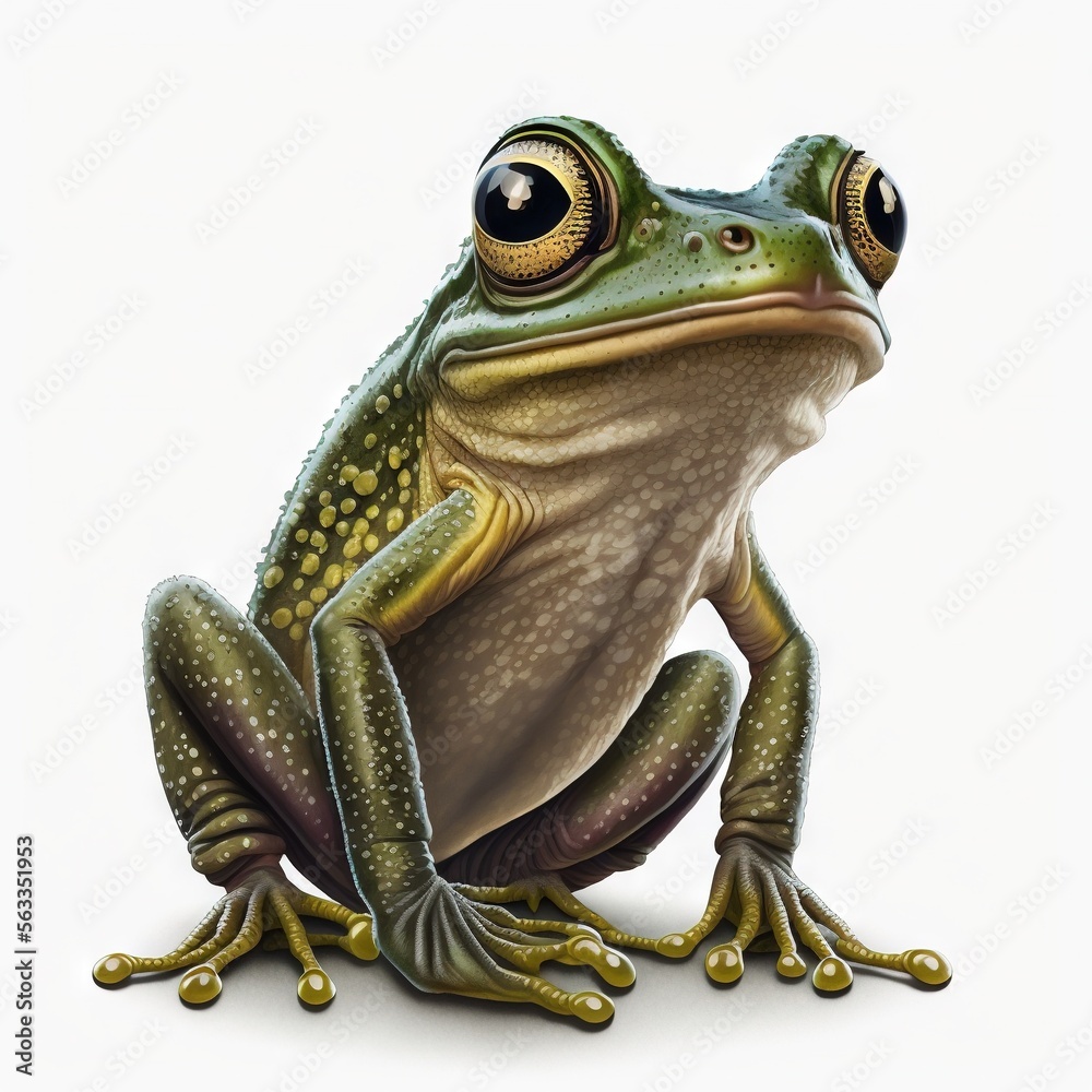 a frog with big eyes sitting on the ground with its legs crossed and ...