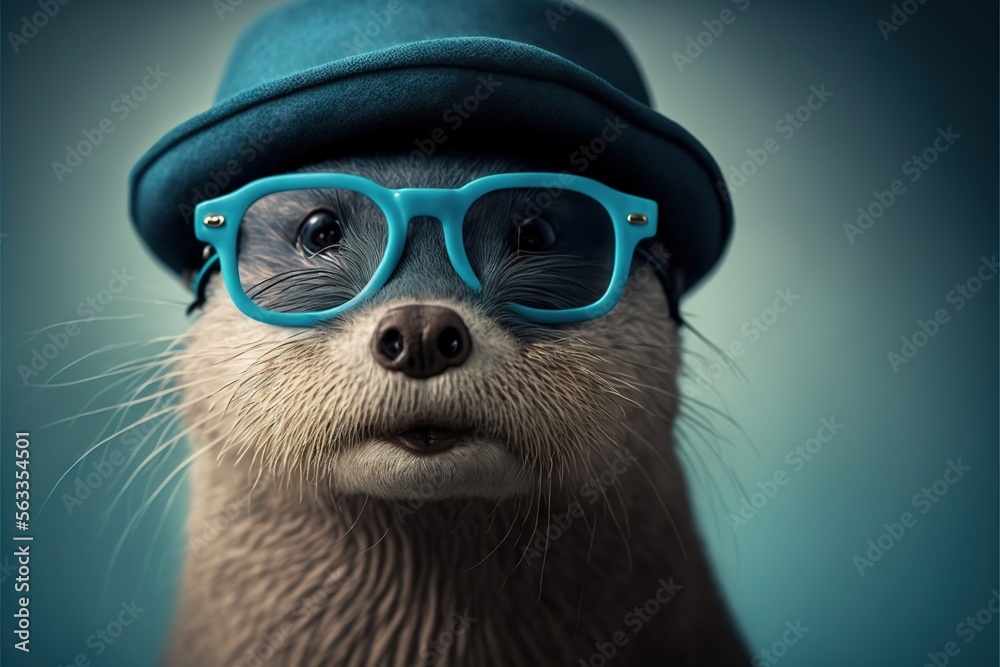 A Sea Otter Wearing A Blue Hat And Glasses With A Blue Beret On Its Head And Nose With A Blue
