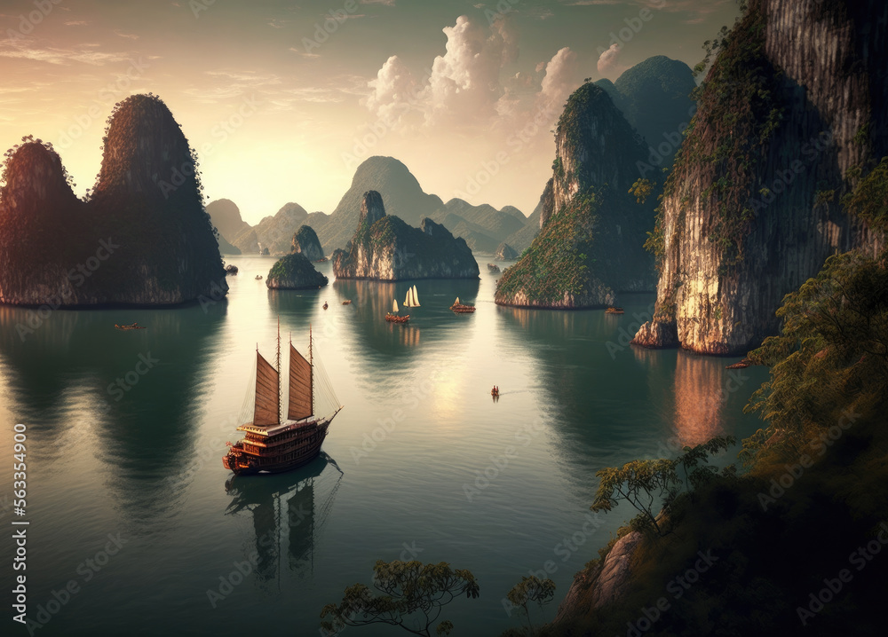 ha long bay at vietnam as travel scene created with Generative AI ...
