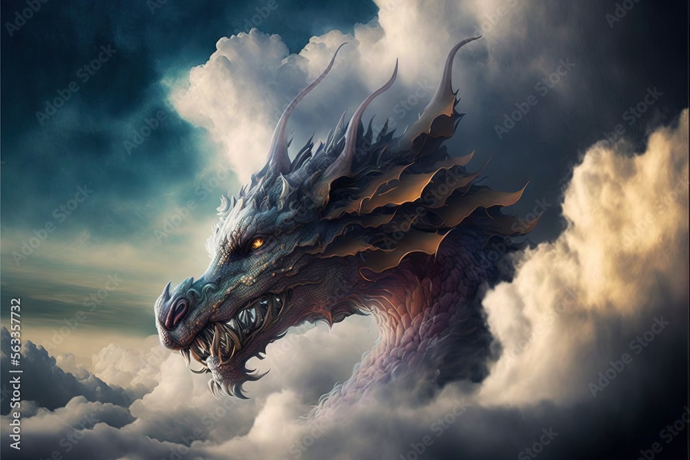 Ilustração do Stock: a dragon is flying through the clouds in the sky ...