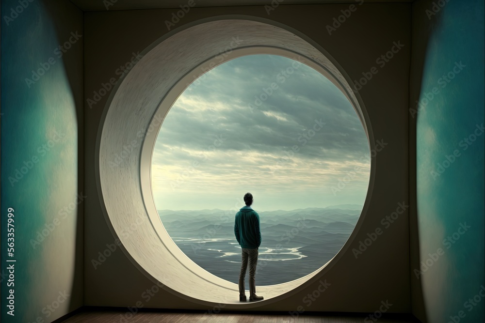 A man standing in front of a round window looking out at the ocean ...