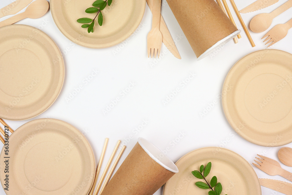 Eco friendly disposable dishware for takeout. Frame on a white ...
