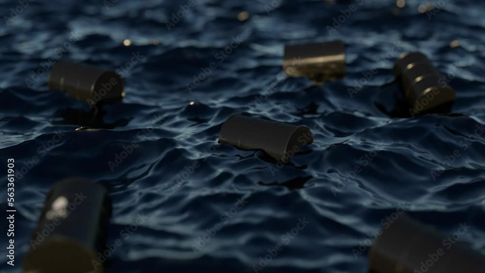 Vidéo Stock Oil spill. Empty oil barrels on the surface of the oil sea ...
