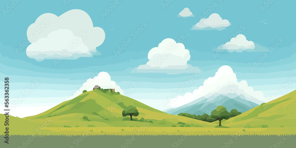 Vector illustration of beautiful summer fields landscape, green hills ...