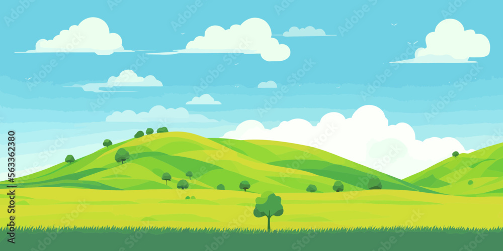 Vector illustration of beautiful summer fields landscape, green hills ...