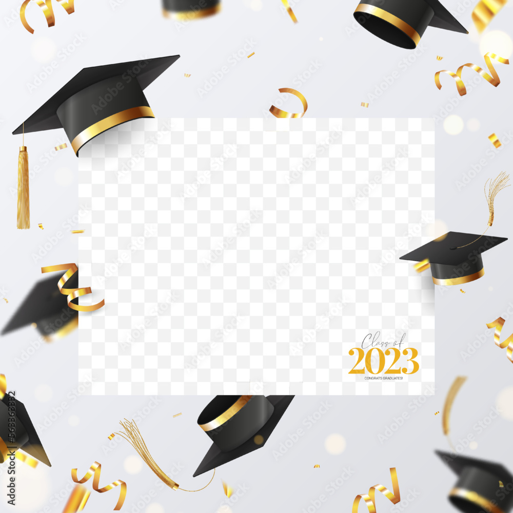 Greeting card for design of graduation 2023. Falling graduation caps ...