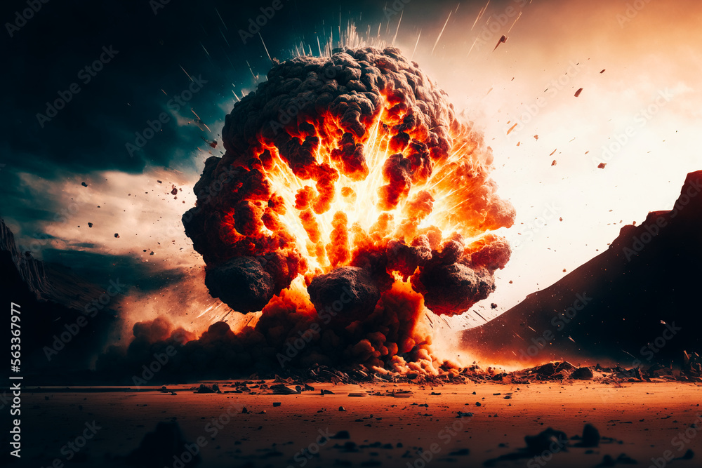 A photograph of a massive explosion, capturing the fiery intensity and ...