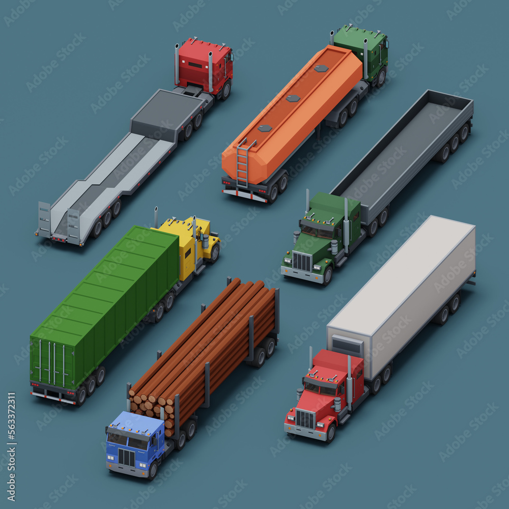 3D isometric transport. Trucks with semi-trailers collection. Cartoon ...