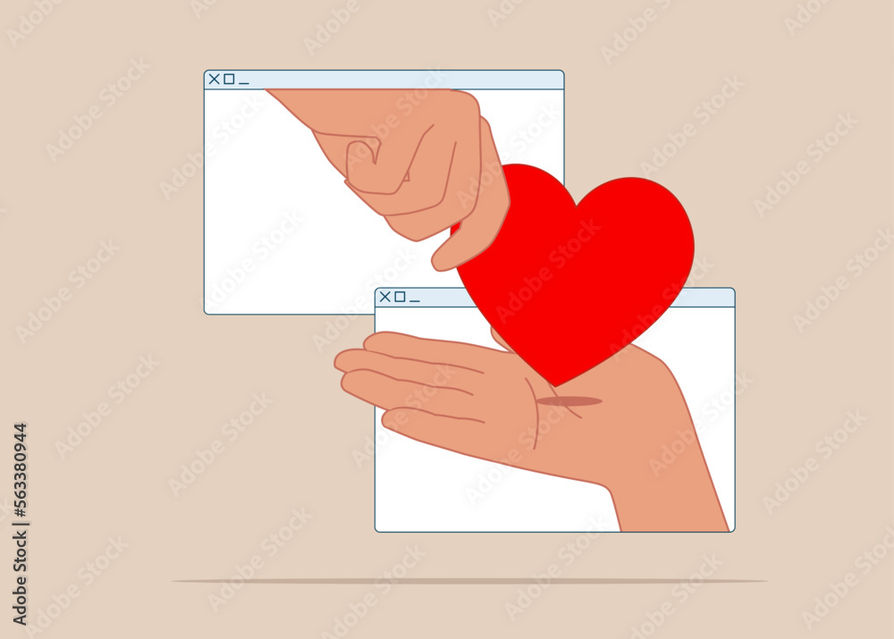 Mutual love with two hands coming out of browser pass each other a ...