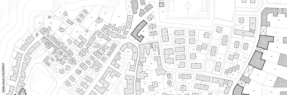 Black and white imaginary cadastral map of territory with buildings ...