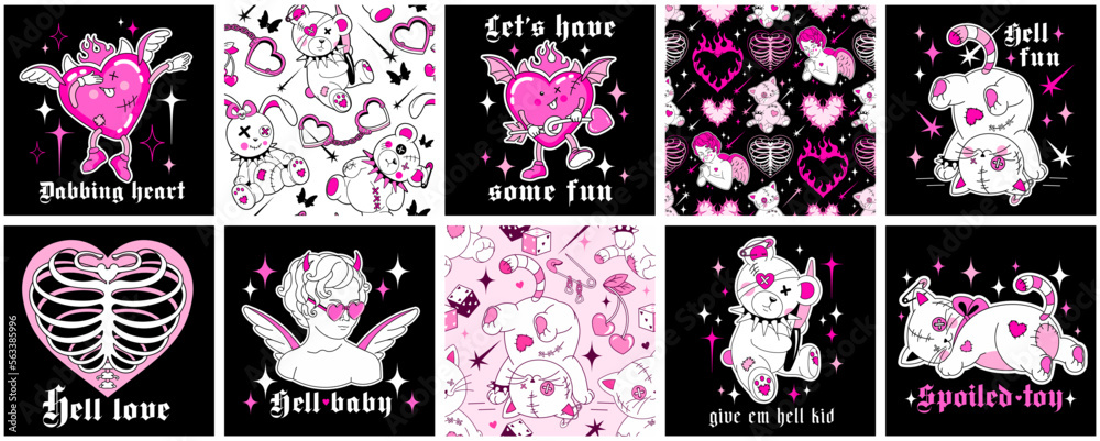 Goth Valentine's day concept.Black and pink glam love stickers.Groovy ...