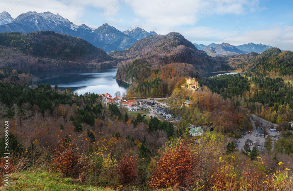 Photo & Art Print Aerial view of Hohenschwangau Castle, Alpsee lake and ...