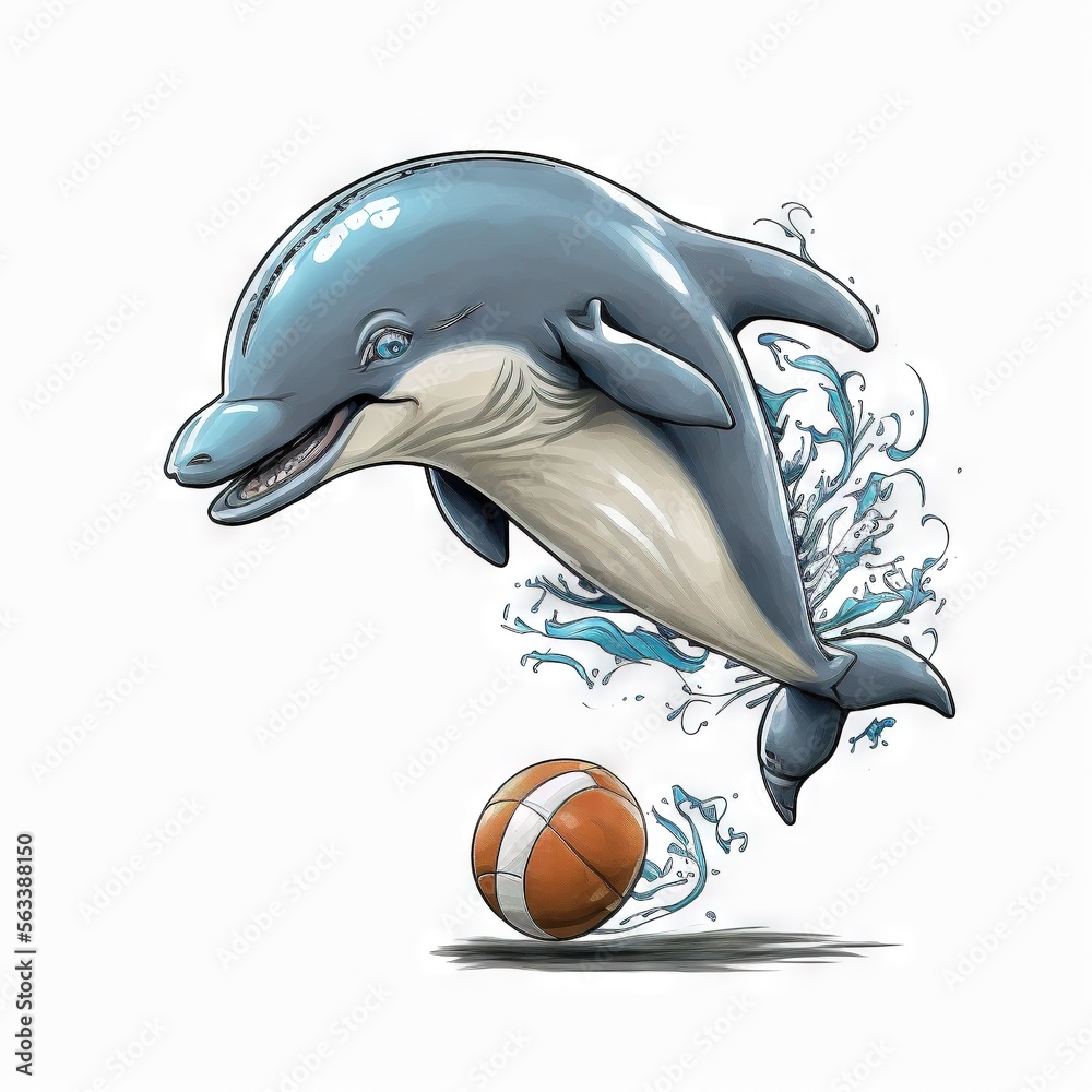 a dolphin jumping over a ball with water splashing around it's sides ...
