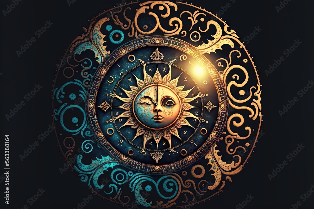 a sun and moon with ornate designs on a black background with a gold ...