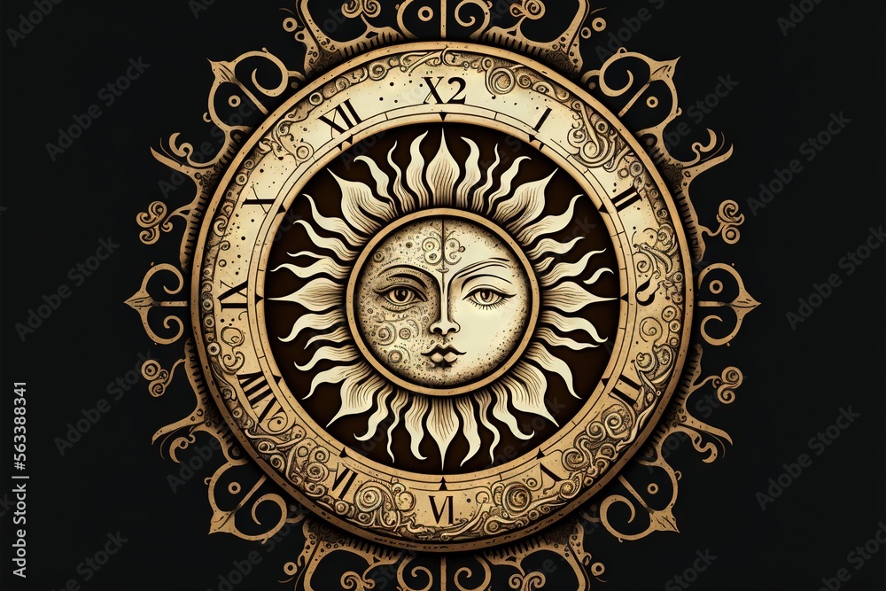 a sun with a face inside of it on a black background with a gold border ...