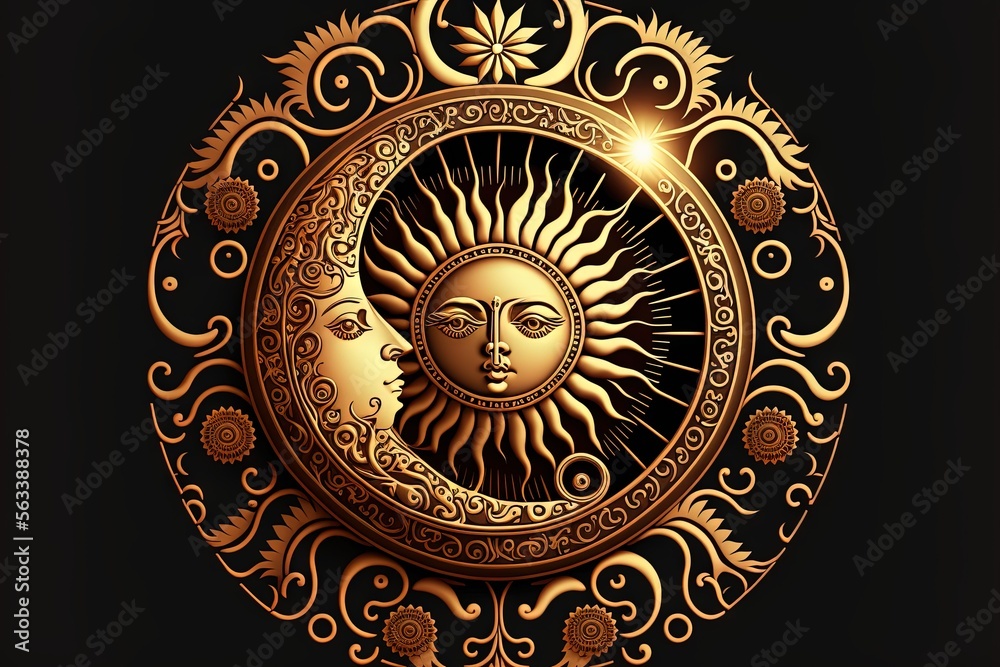 a golden sun and moon with ornate designs on a black background ...