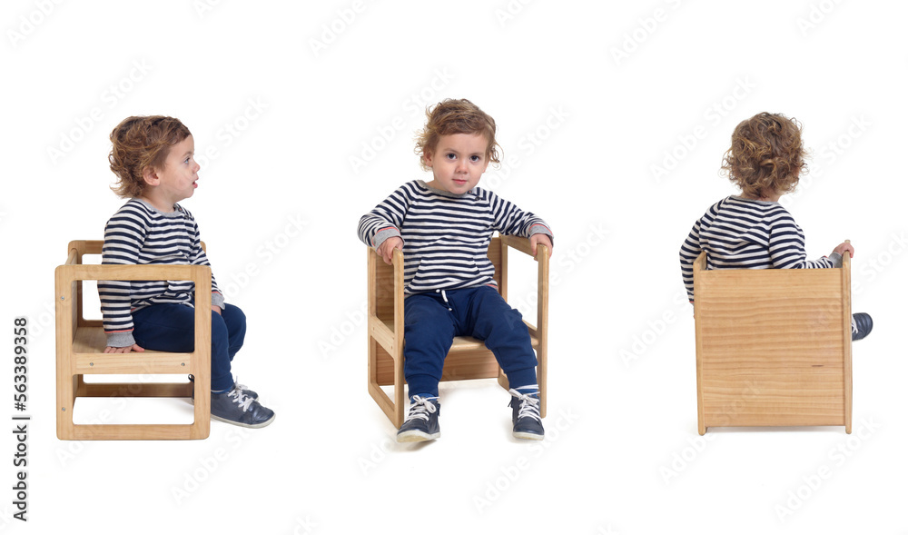 front,side and back view of a same baby boy sitting on chair on white ...